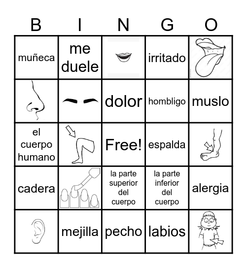 Las partes del cuerpo Bingo Card
