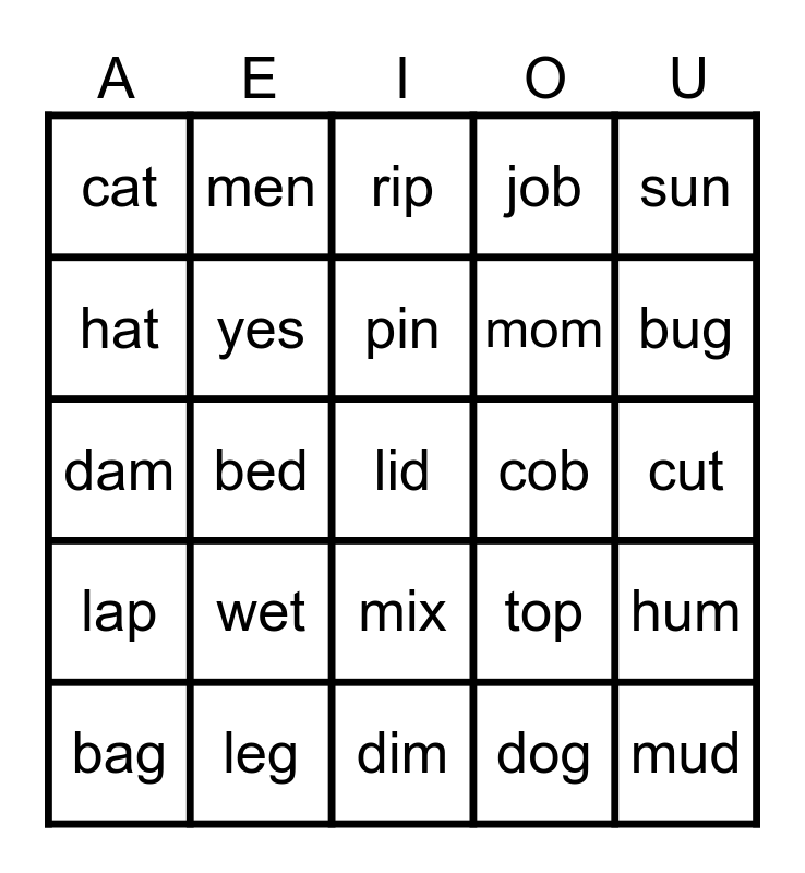 CVC Word Bingo Card