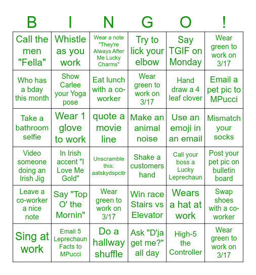 Leprechaun Bingo Card