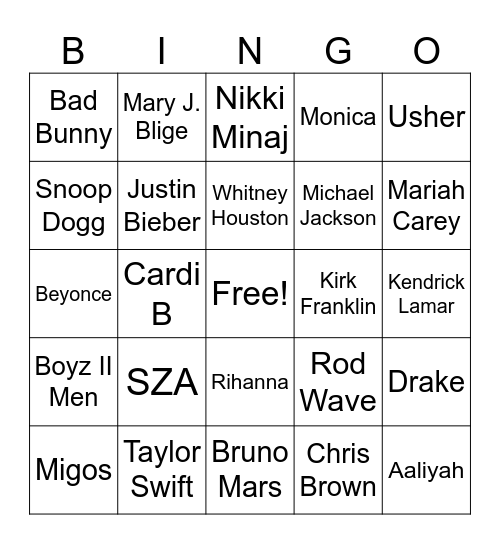 Hip Hop/R&B Bingo Card