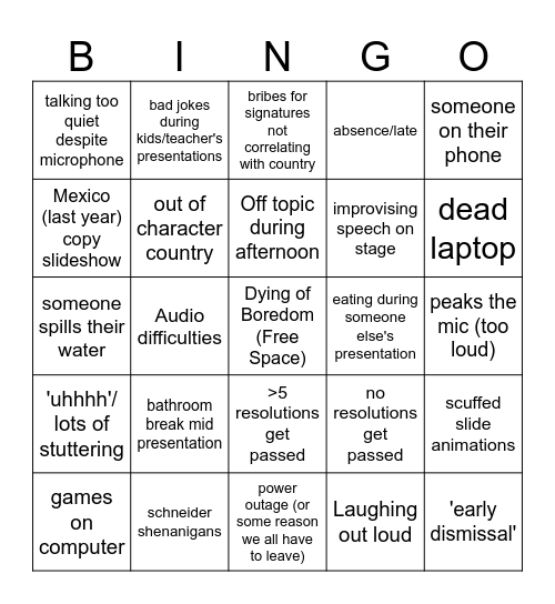 Model UN Bingo Card