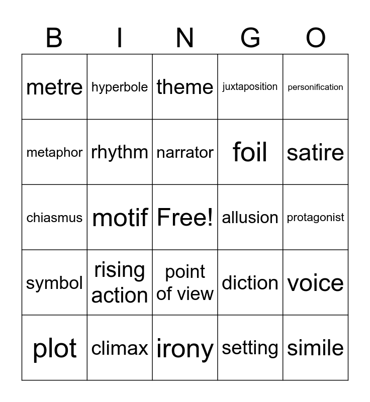 Literary Term Bingo Card