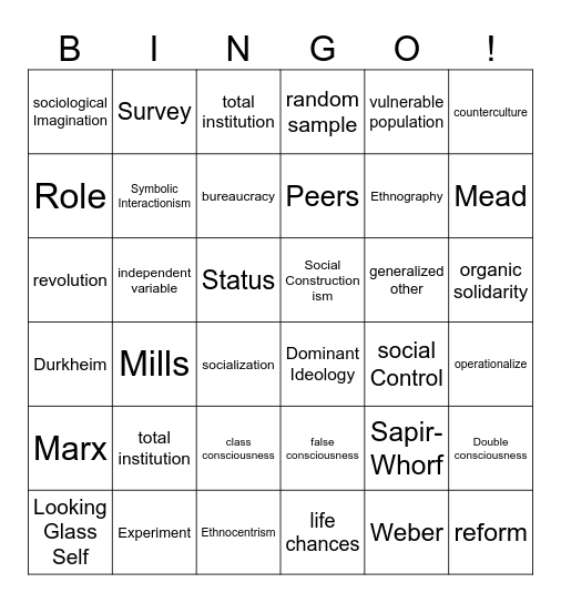 Sociology Midterm Review 1001 Ch. 1-6 Bingo Card