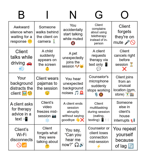 Counseling Bingo: Telehealth Edition! Bingo Card