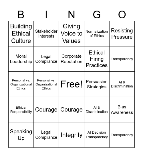 Ethics Bingo Card