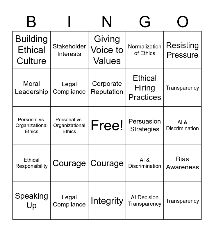 Ethics Bingo Card