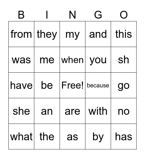 High Frequency Words Bingo Card