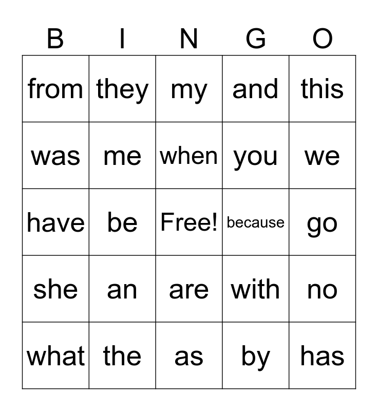 High Frequency Words Bingo Card
