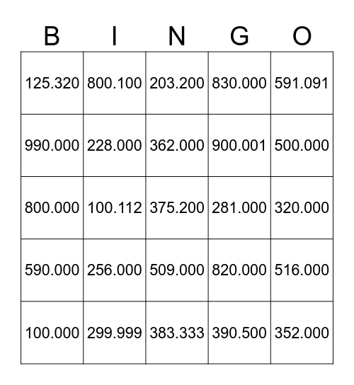 Bingo de números grandes Bingo Card