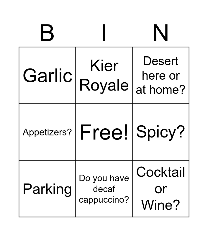 Marilyn Restaurant Bingo Card