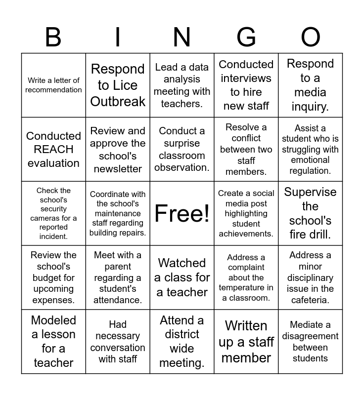Resident Principal Experiences Bingo Card
