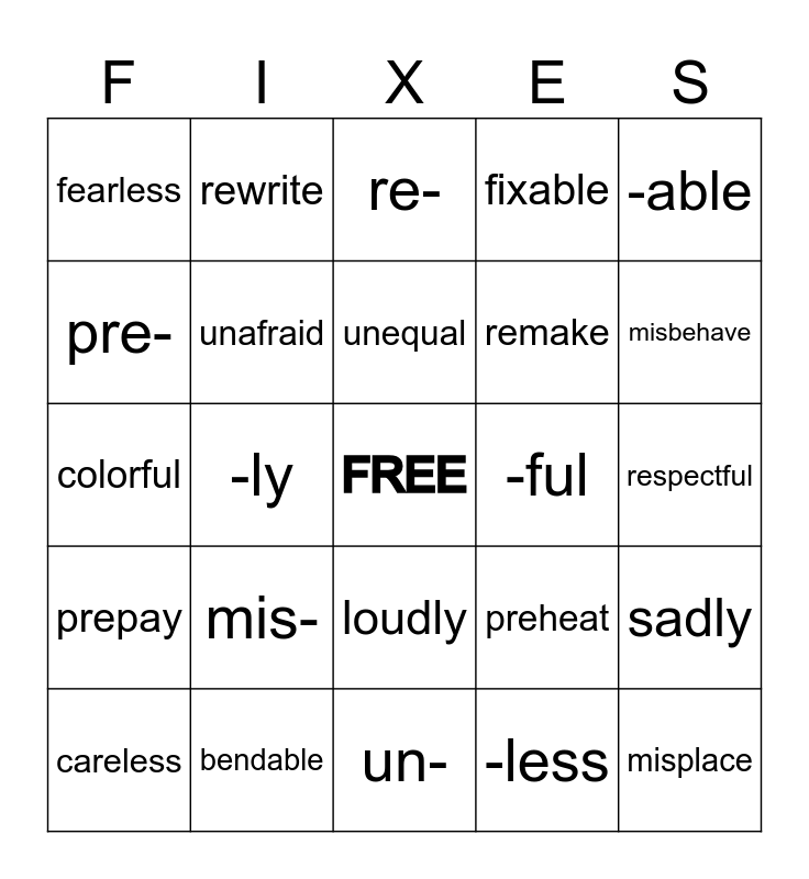 Prefix and Suffix Bingo Card