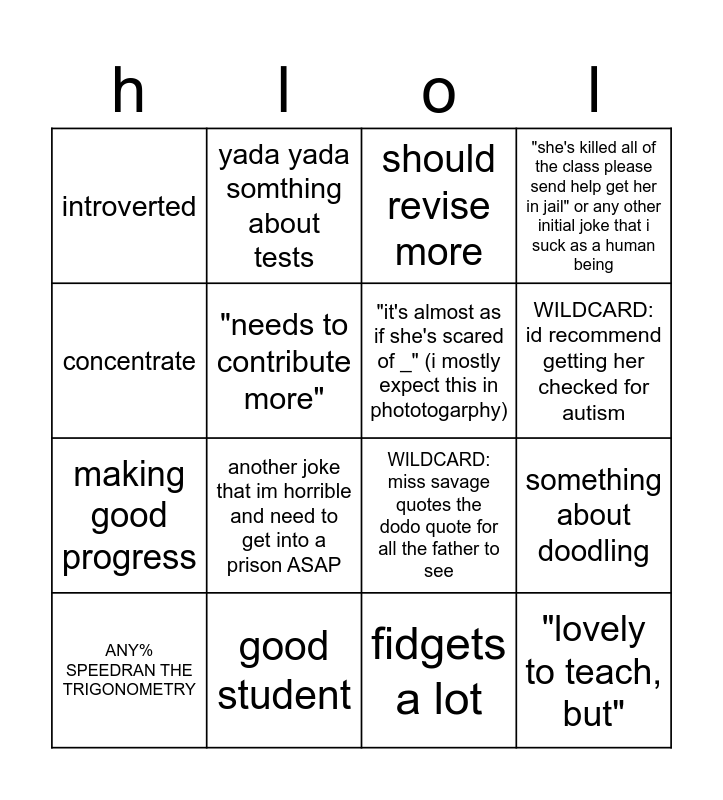 parents evening bingo lol Bingo Card