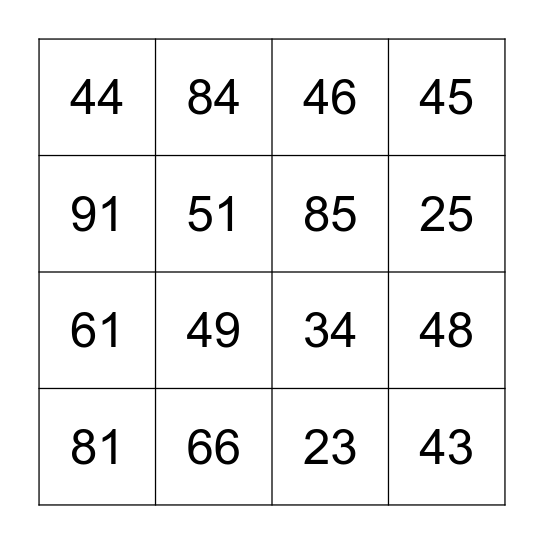 Bingo Numbers 11 to 100 Bingo Card