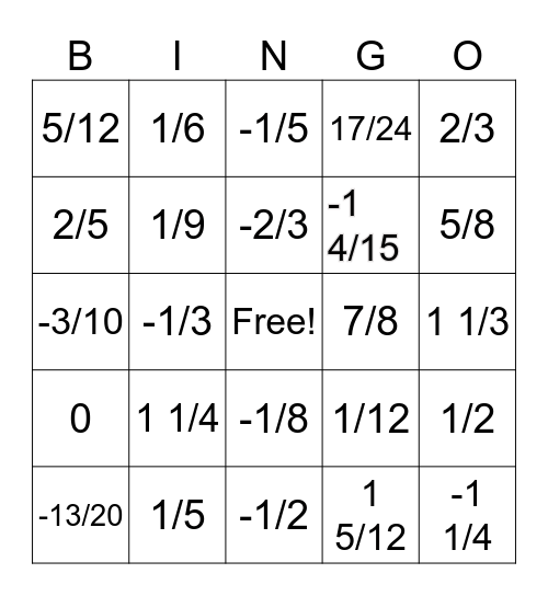 Add and Subtract + and - Fractions Bingo Card