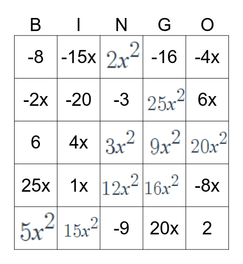 Box Method Polynomials Bingo Card