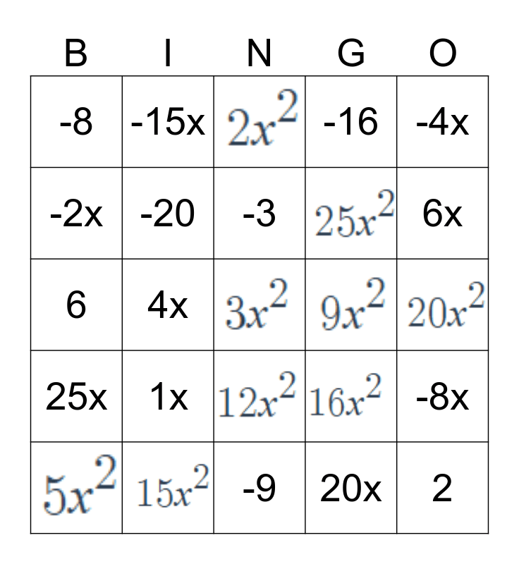 Box Method Polynomials Bingo Card