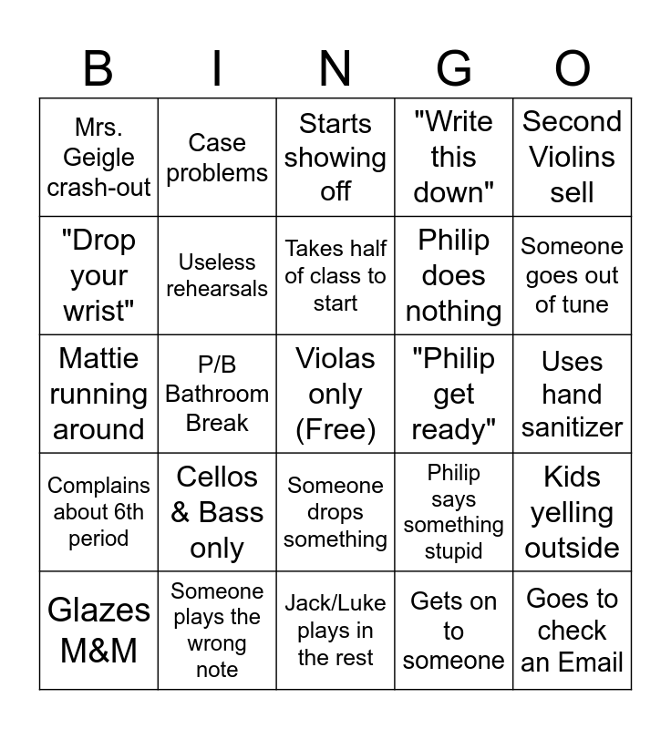 Orchestra Bingo Card