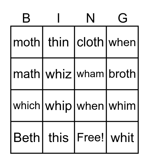 TH and WH Digraphs Bingo Card