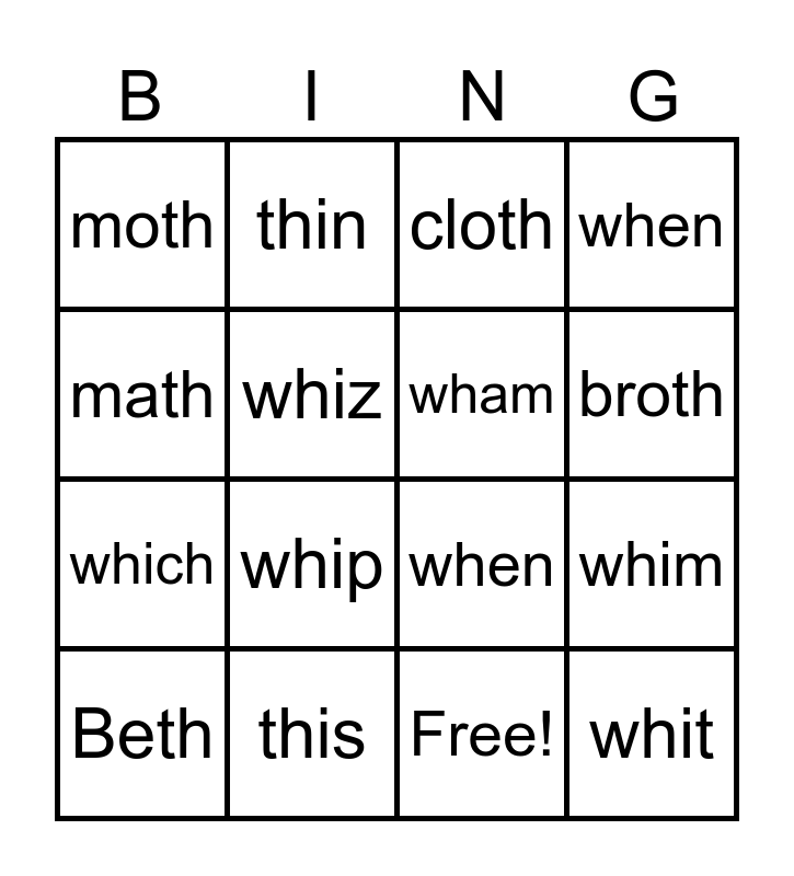 TH and WH Digraphs Bingo Card