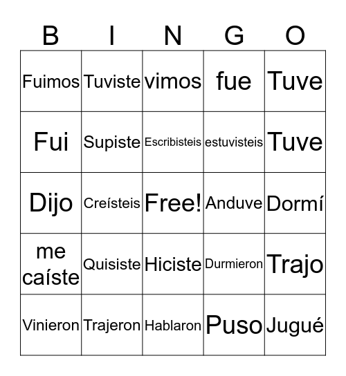 Irregular Preterite Bingo 2 Bingo Card