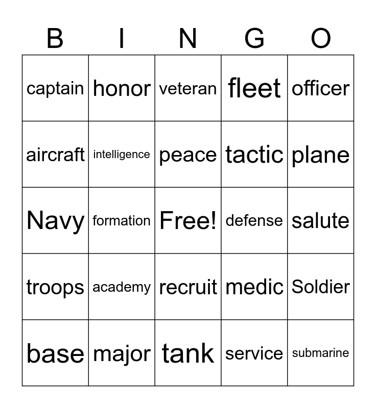 Military Vocabulary Bingo Card