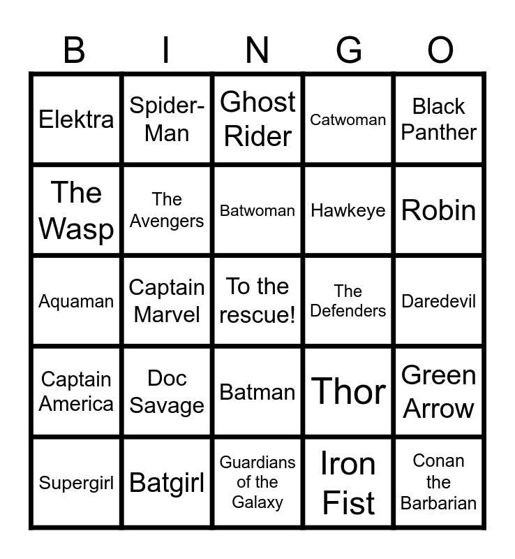 Superheroes Bingo Card