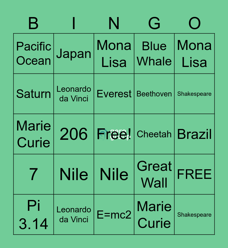 Quick Bingo Trivia Bingo Card
