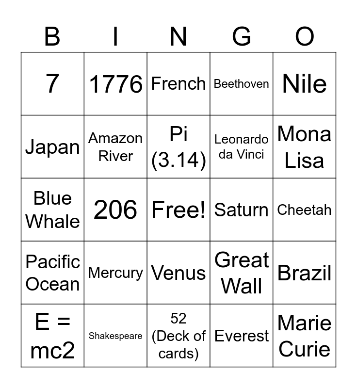 Quick Trivia Bingo Card