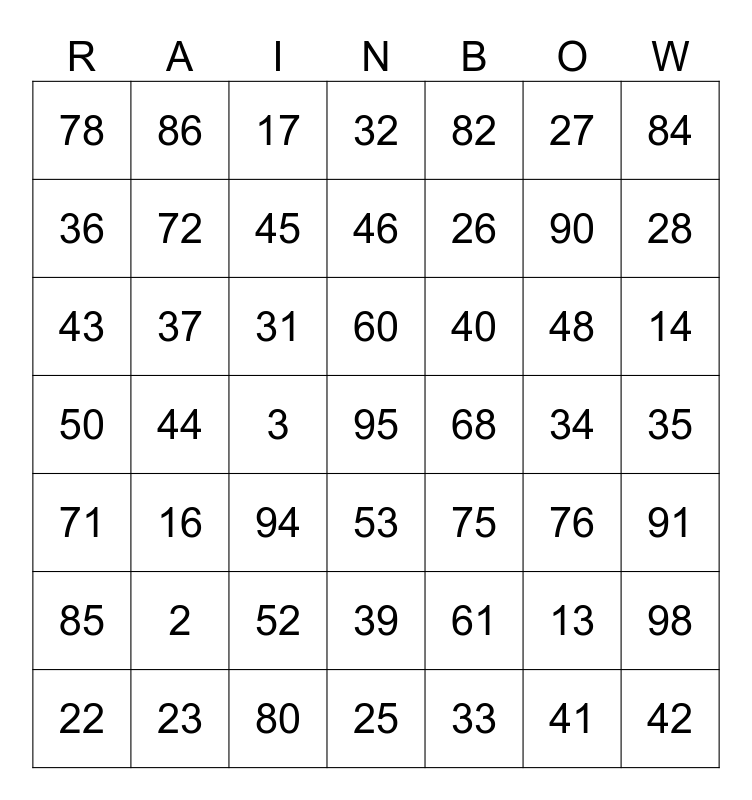 7x7 Number Bingo 1-100 Bingo Card