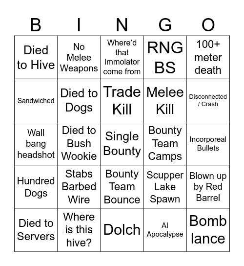 Hunt: Showdown Bingo Card