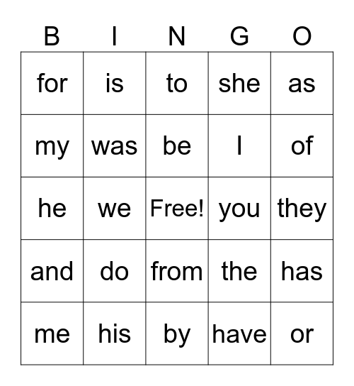 Sight Word Hunt Bingo Card