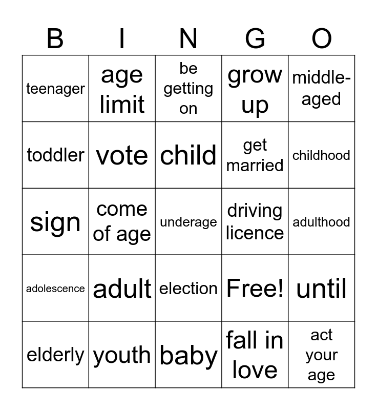 Growing up Bingo Card
