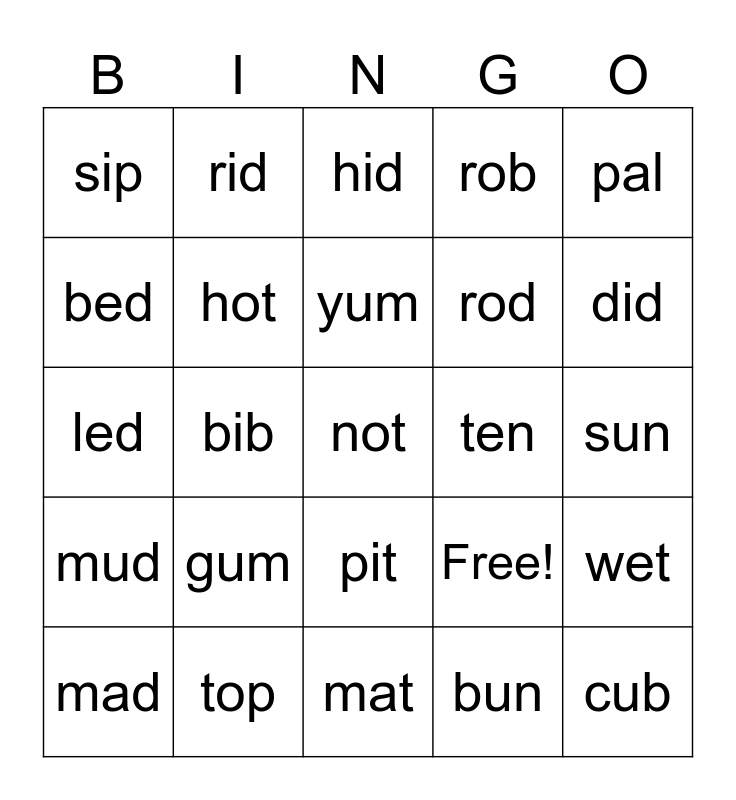 Short Vowel Bingo Card