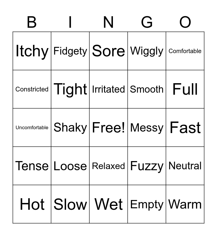 Interoception Bingo - Descriptors Bingo Card
