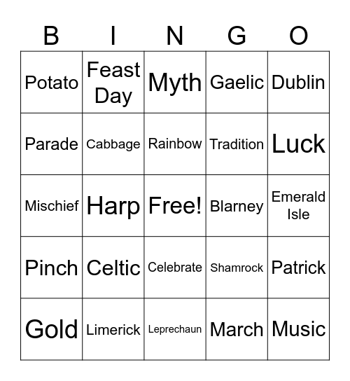 St. Patrick's day Bingo Card