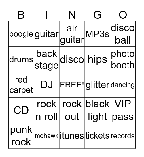 rock star Bingo Card