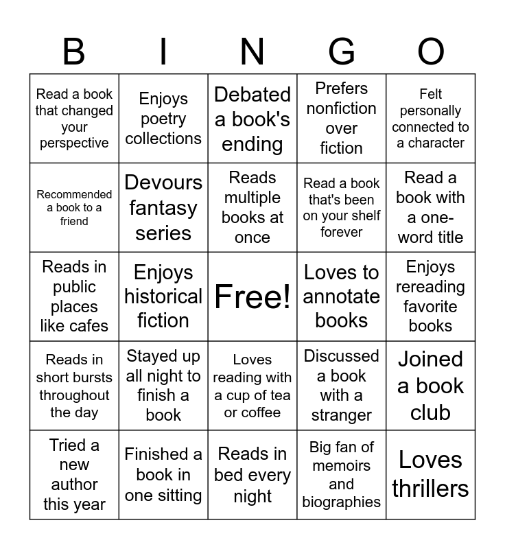 Book Club Bingo Card