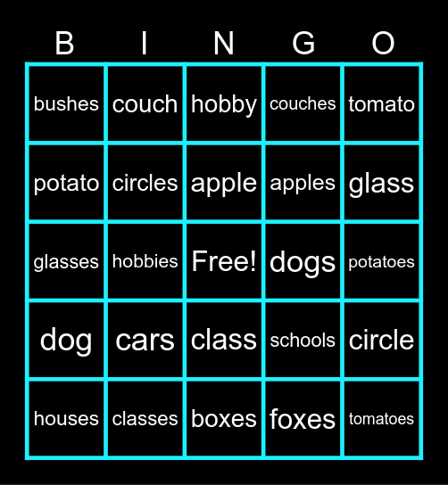 Singular and Plural Nouns Bingo Card