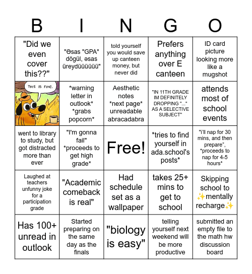 ADA School student bingo card!! Bingo Card