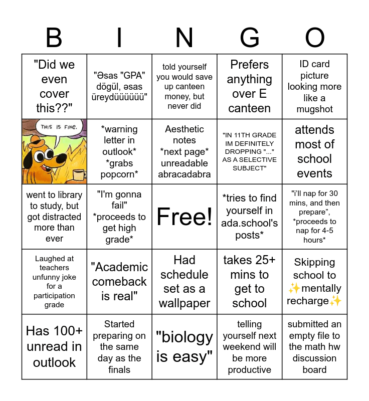 ADA School student bingo card!! Bingo Card