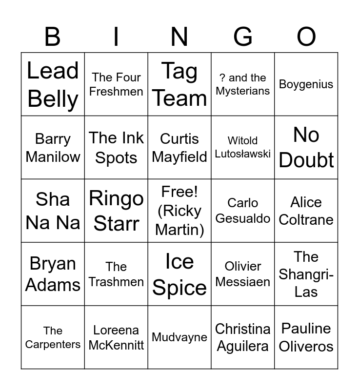 Male Manipulator Music Bingo Card