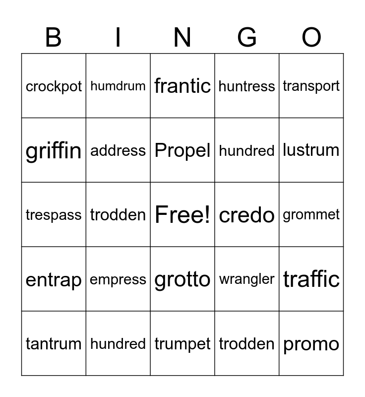 Two-Consonant Beginning R Blends Bingo Card