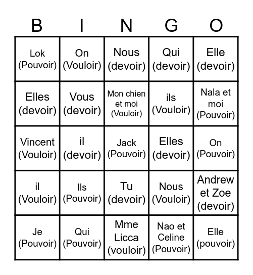 Vouloir/Pouvoir/Devoir Bingo Card