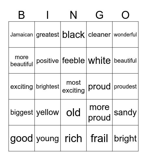 Adjectives Bingo Card