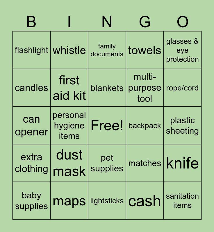 EARTHQUAKE KIT BINGO Card