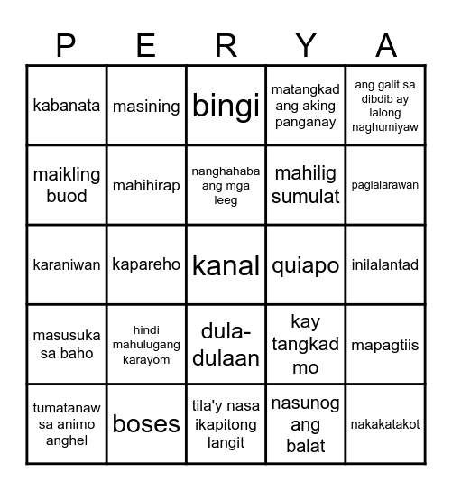 PERYA Bingo Card