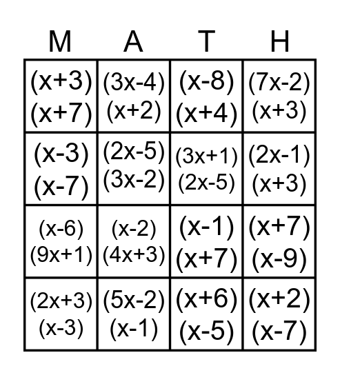 Factoring Trinomials Bingo Card