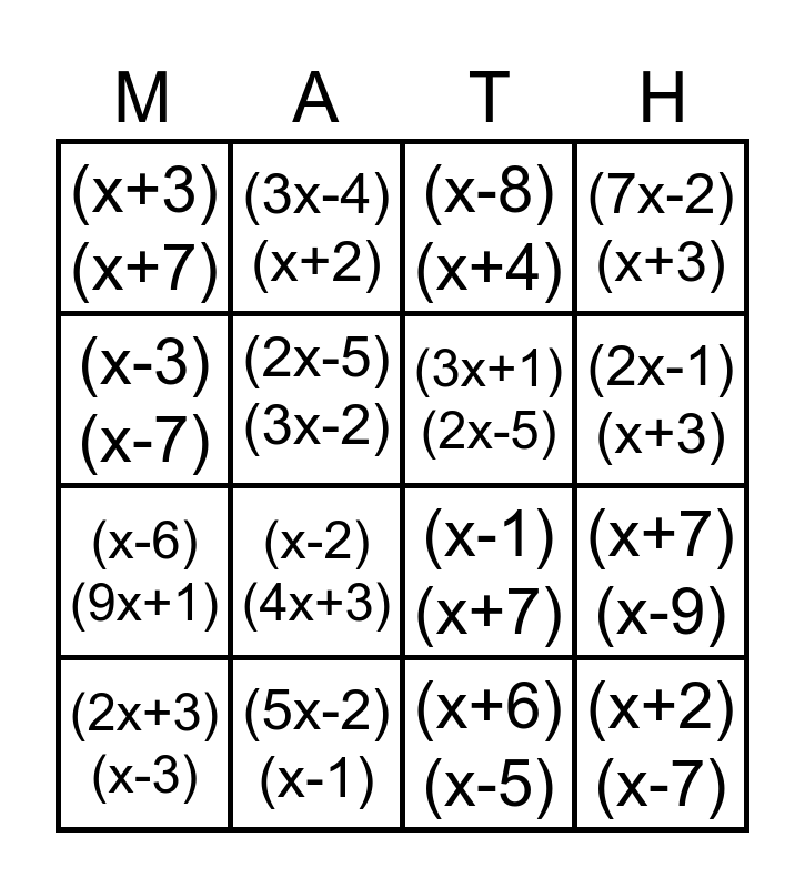 Factoring Trinomials Bingo Card