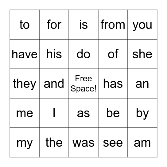 Heart Word Bingo Card